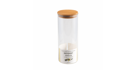 Recipient rotund din sticla cu capac din bambus, 1500ml
